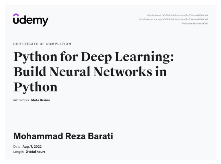 نمونه کار گواهینامه Python For Deep Learning Build Neural Networks In Python