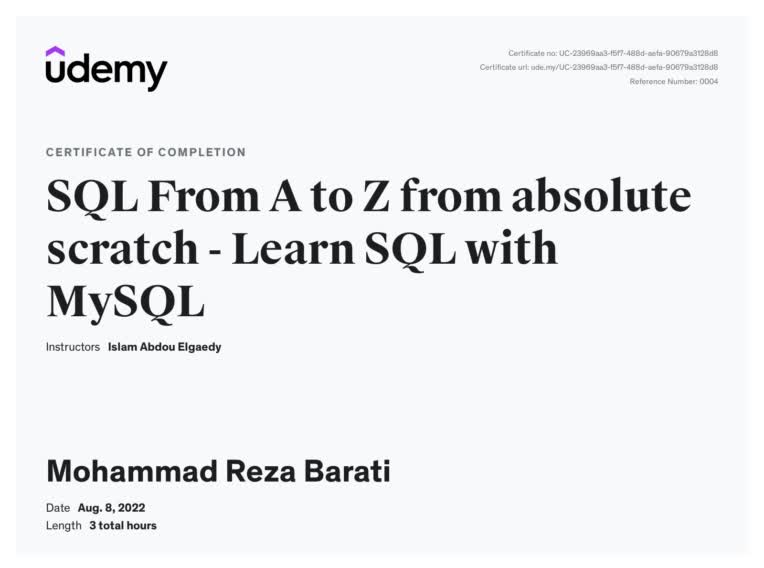 نمونه کار گواهینامه SQL From A to Z from absolute scratch